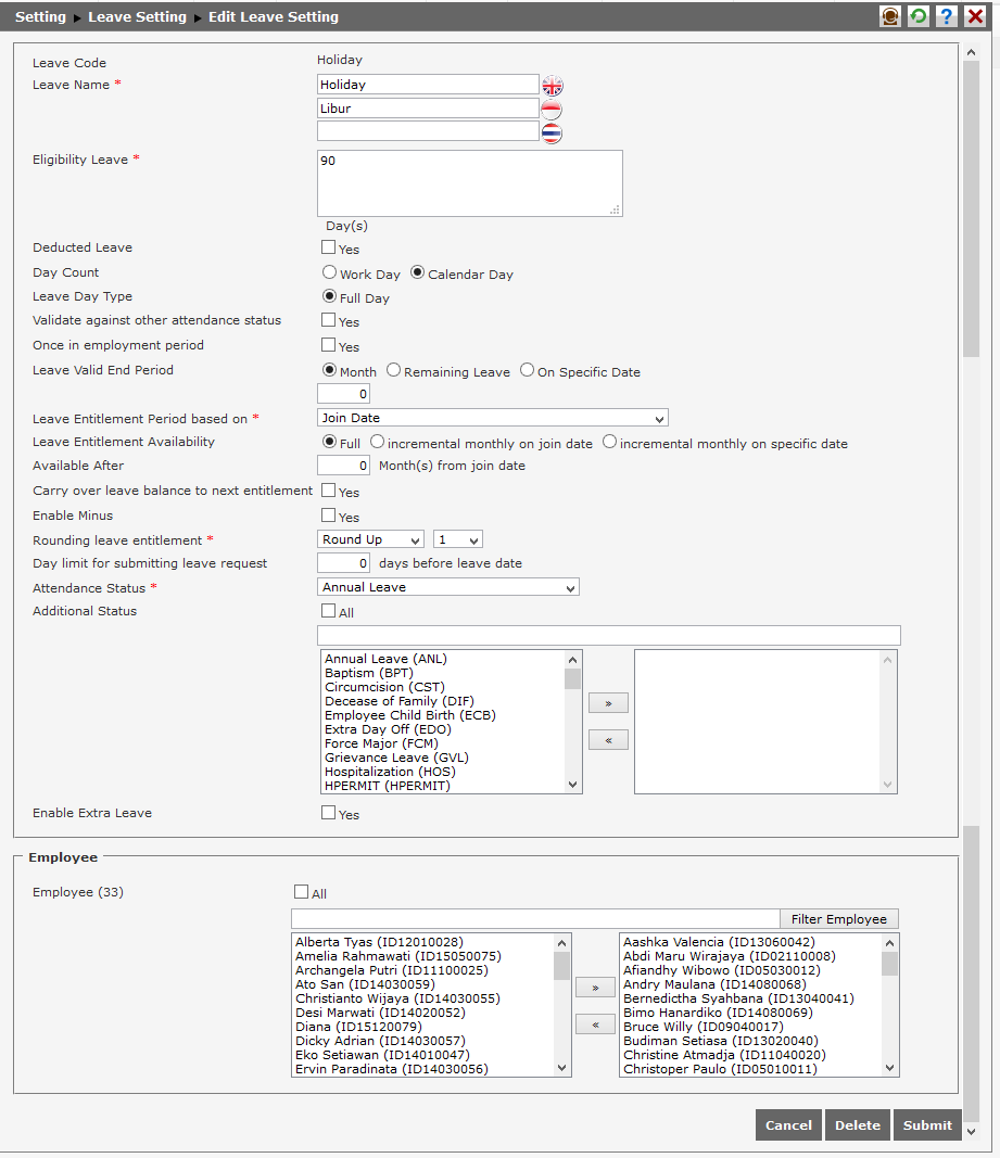 To edit the existing Leave Type, click on a Leave Type Code to show Edit Leave Type page as the ...